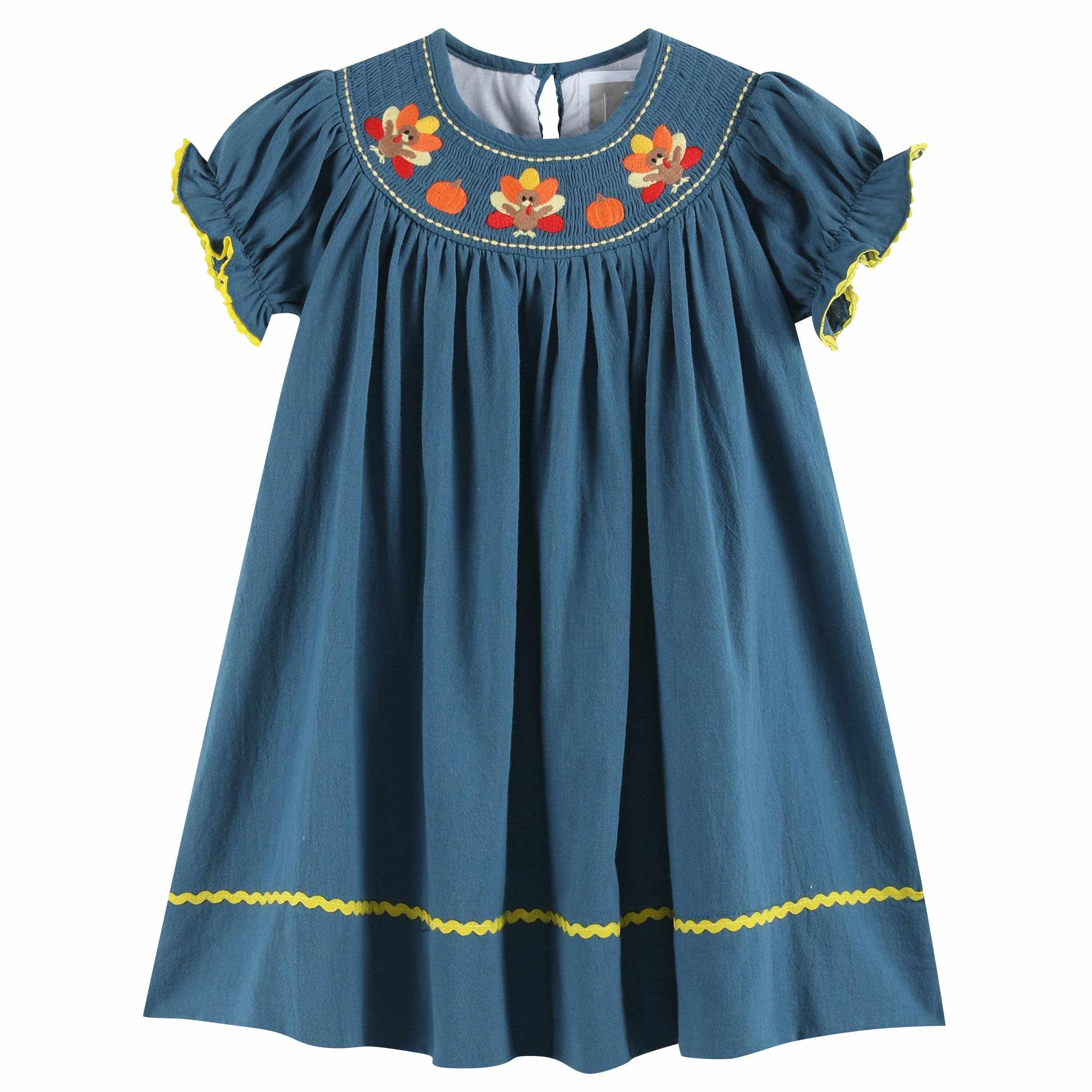 Cobalt Turkey Bishop Dress – Hand‑Smocked Holiday Dress | Precious Poppy